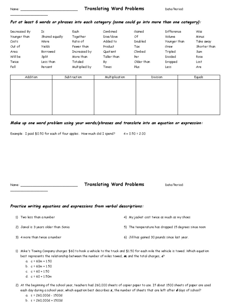 Translating Word Problems | PDF | Ratio | Elementary Mathematics
