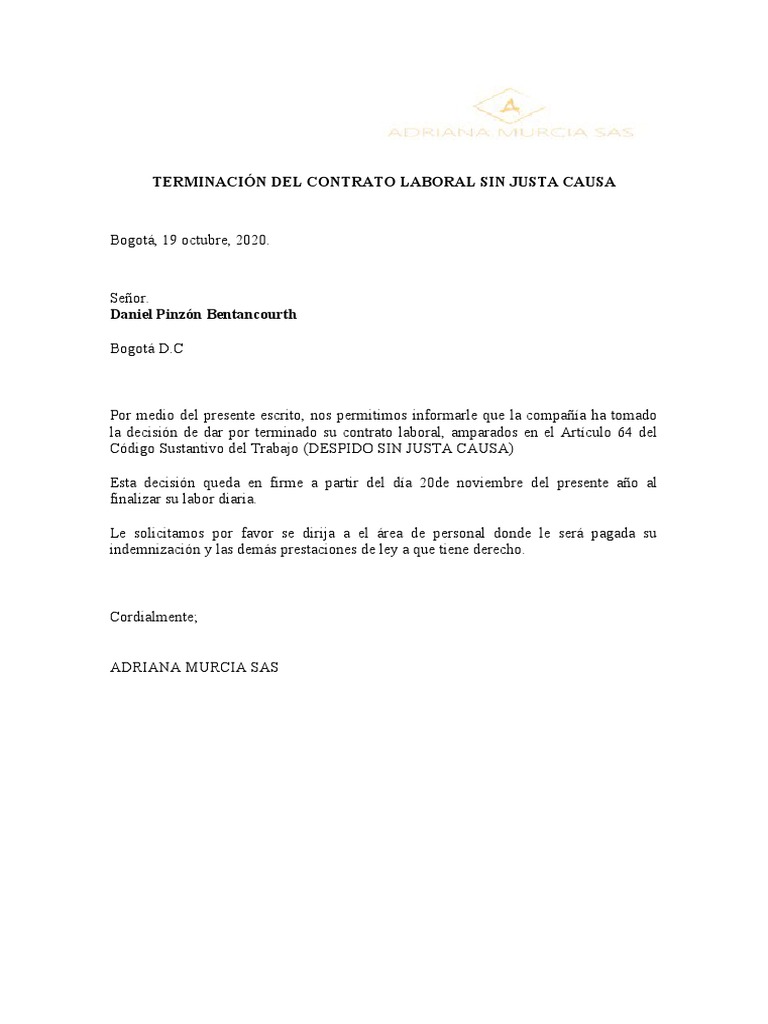 Carta de Terminacion Del Contrato Sin Justa Causa | PDF