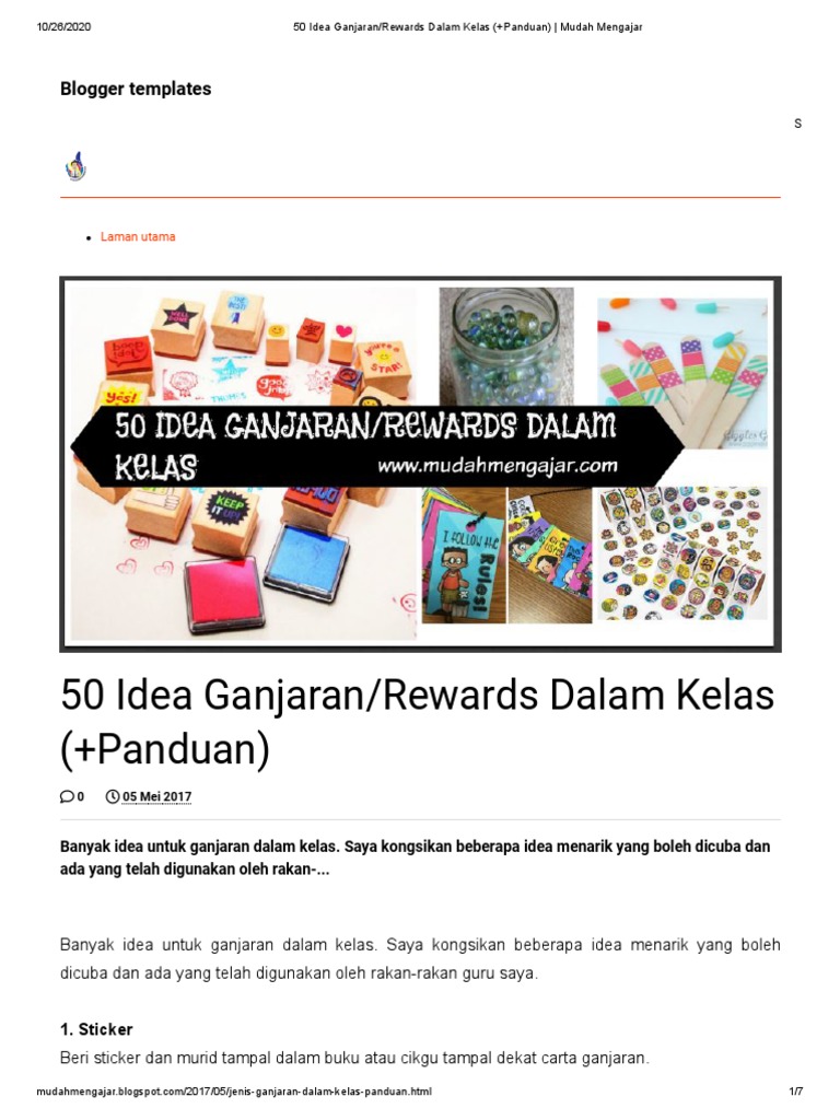 50 Idea Ganjaran - Rewards Dalam Kelas (+panduan) - Mudah Mengajar | PDF
