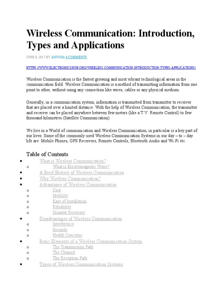 Wireless Communication: Introduction, Types and Applications | PDF ...