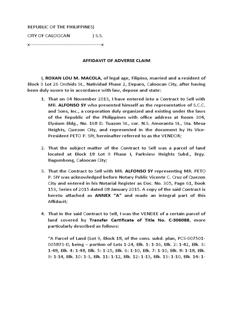 Roxan Lou M. Macola - Affidavit of Adverse Claim 1.2 | PDF | Civil Law ...