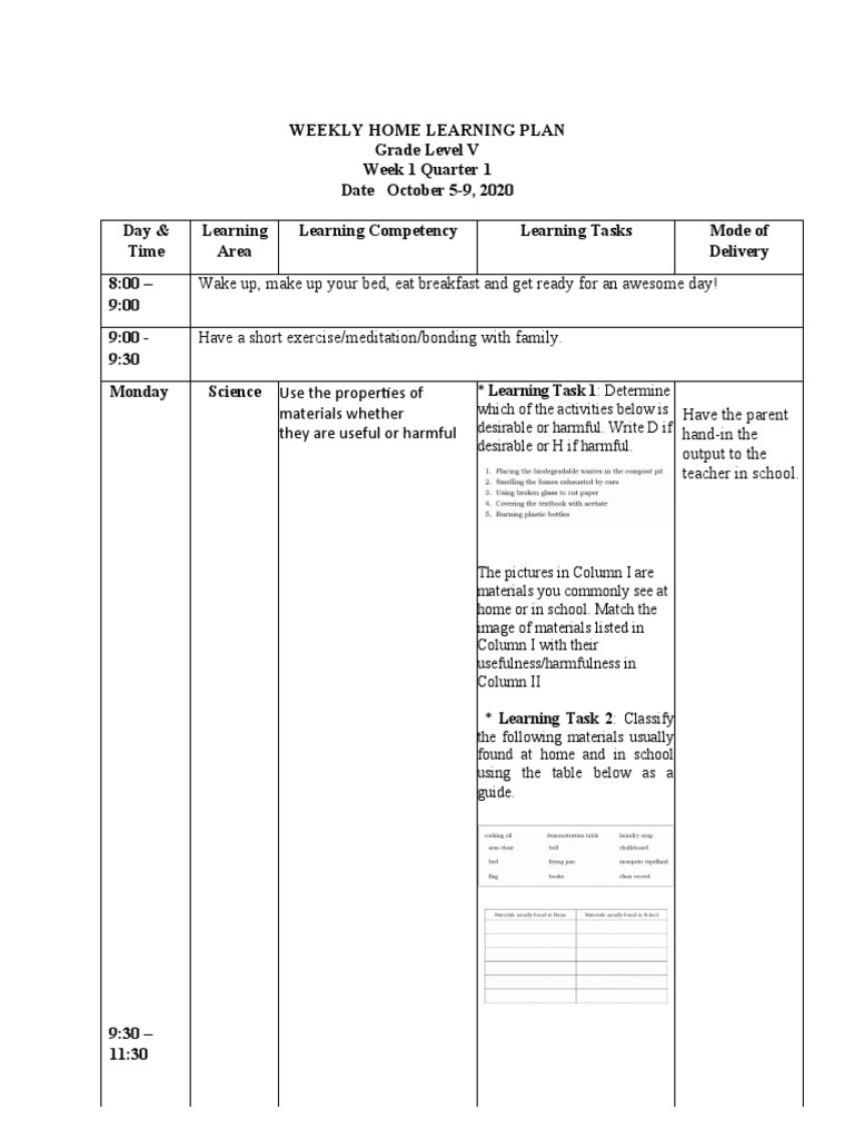 Weekly Home Learning Plan-Science | PDF | Learning