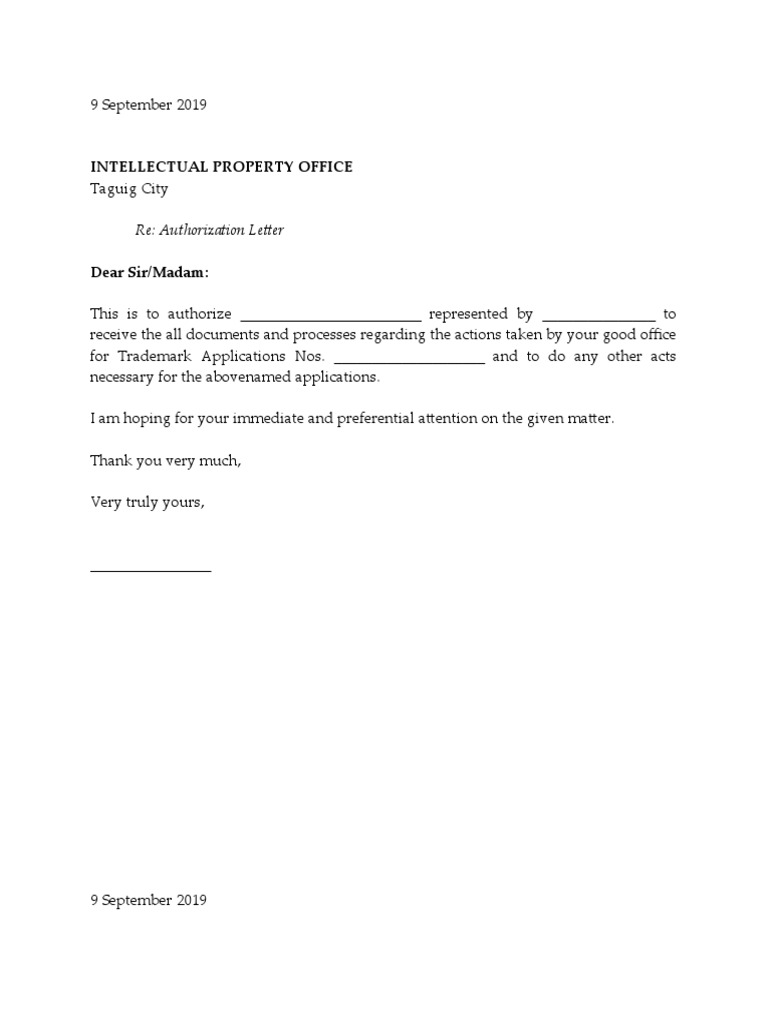 Intellectual Property Office: Re: Authorization Letter | PDF | Business ...