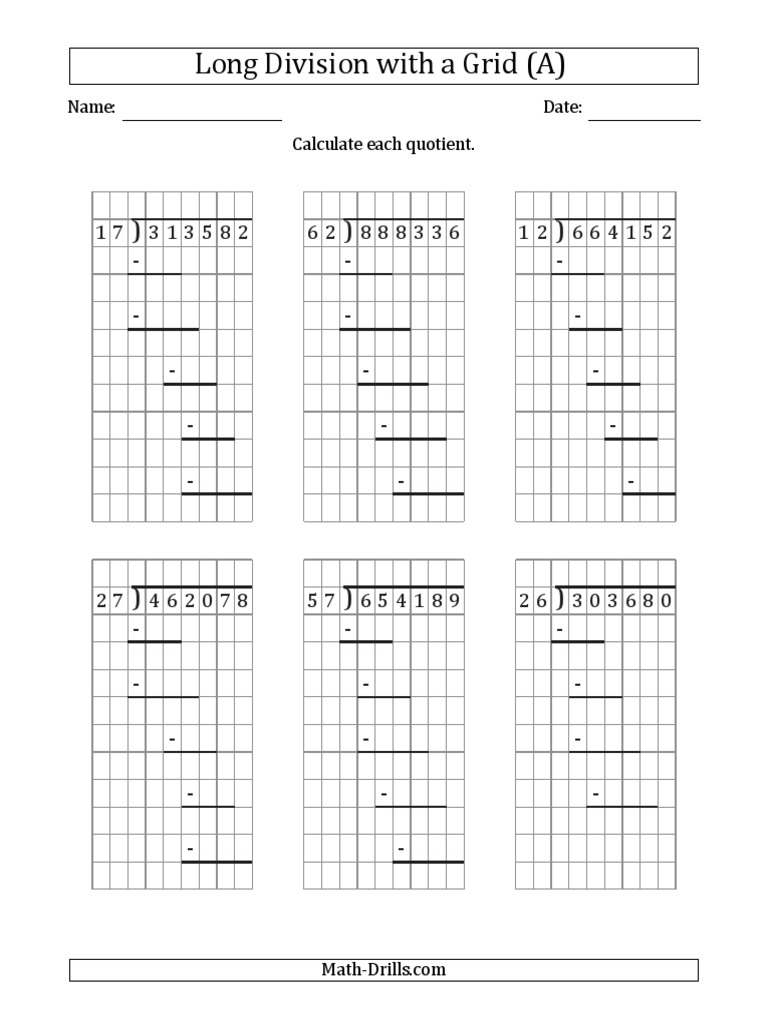 4 Division Worksheet - 6-Digit by 2-Digit Long Division With Grid ...
