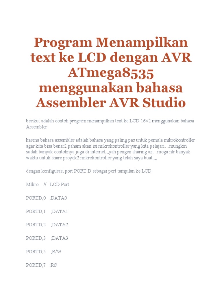 Program Menampilkan Text Ke LCD Dengan AVR ATmega8535 Menggunakan Bahasa Assembler AVR | PDF