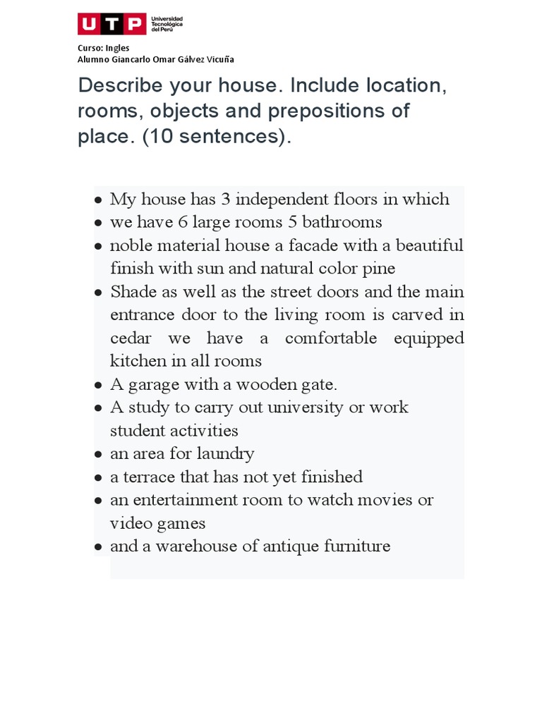 Describe Your House. Include Location, Rooms, Objects and Prepositions ...