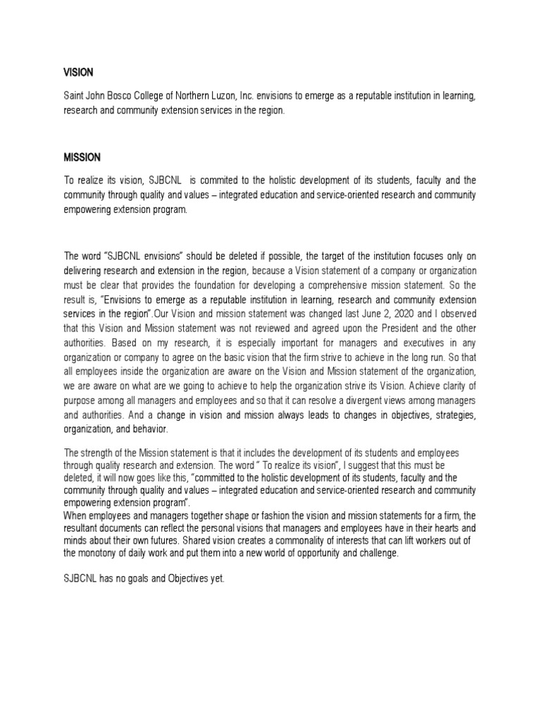 Vision and Mission Statement | PDF | Goal | Applied Psychology