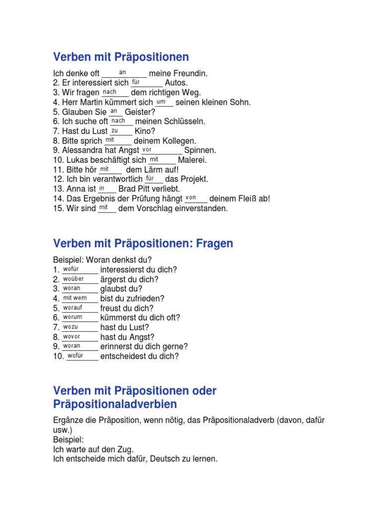 Liste Der Verben Mit Praepositionen
