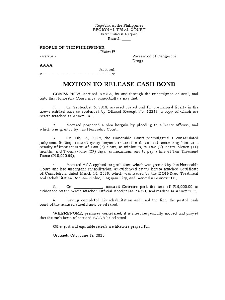 Motion To Release Cash Bail Bond | PDF | Social Science | Law