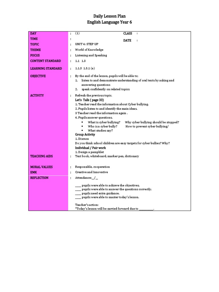 Daily Lesson Plan English Language Year 6 | PDF | Lesson Plan | Question