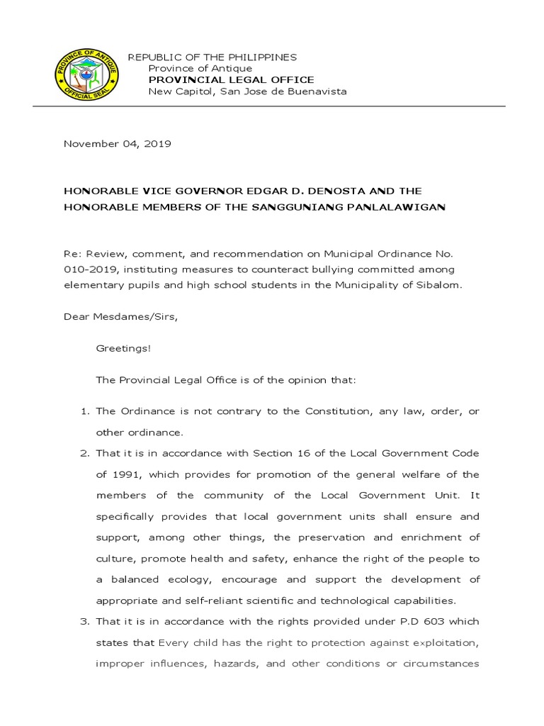 Honorable Vice Governor Edgar D. Denosta and The Honorable Members of ...