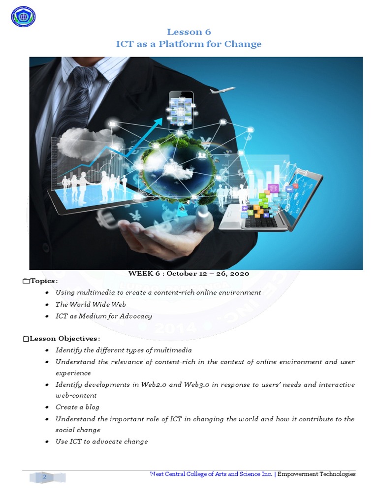 Lesson 6 ICT As A Platform For Change: WEEK 6: October 12 - 26, 2020 ...