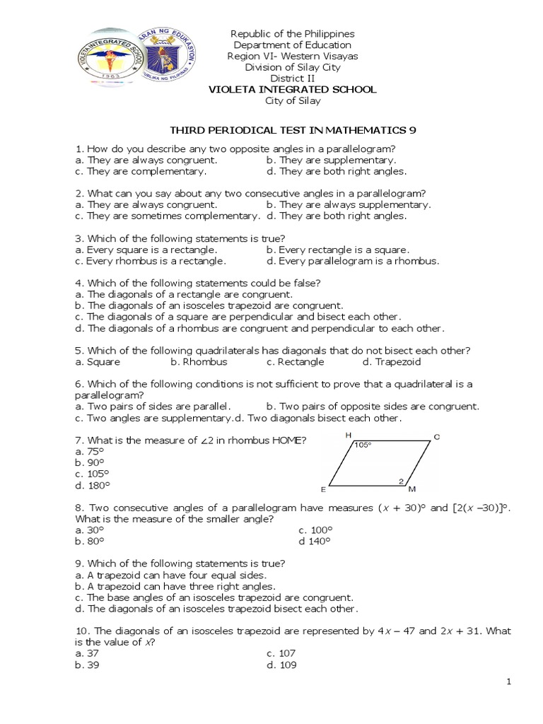 Math 9 Exam | PDF | Rectangle | Perpendicular