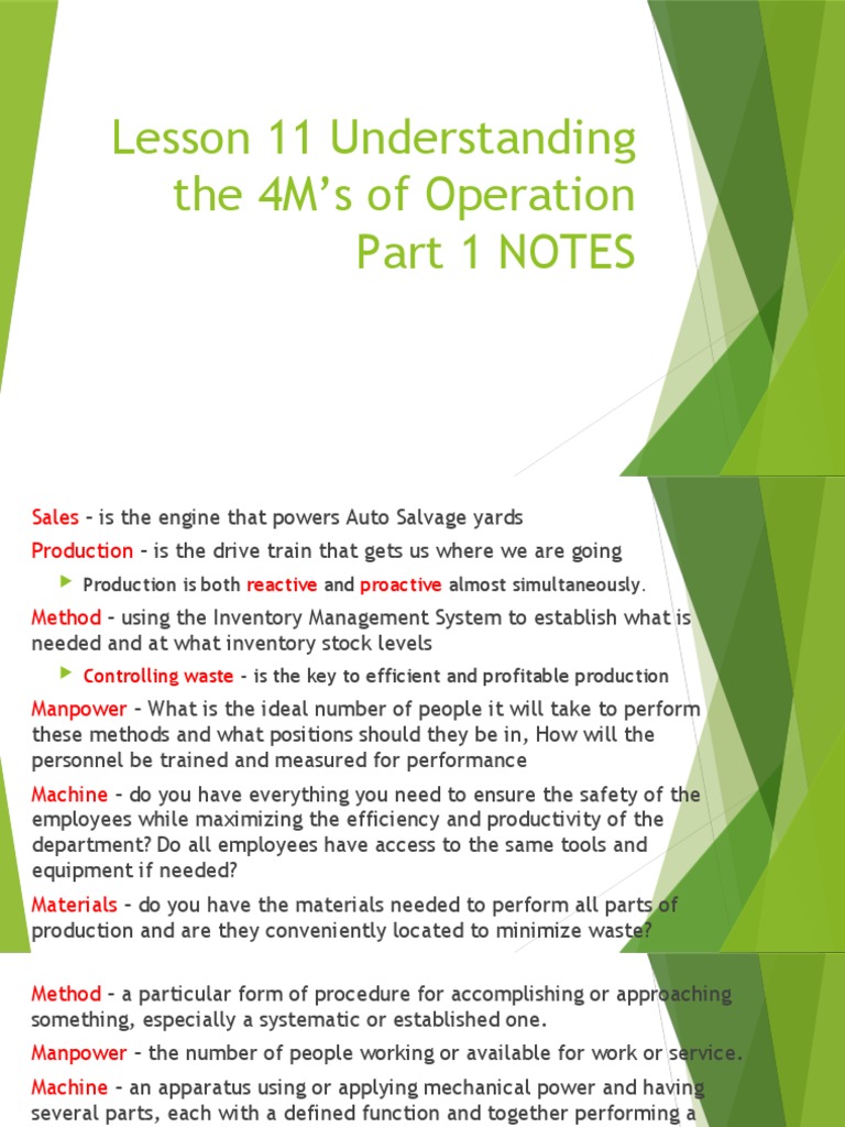 Lesson 11 Understanding The 4M's of Operation Part 1 NOTES | PDF ...