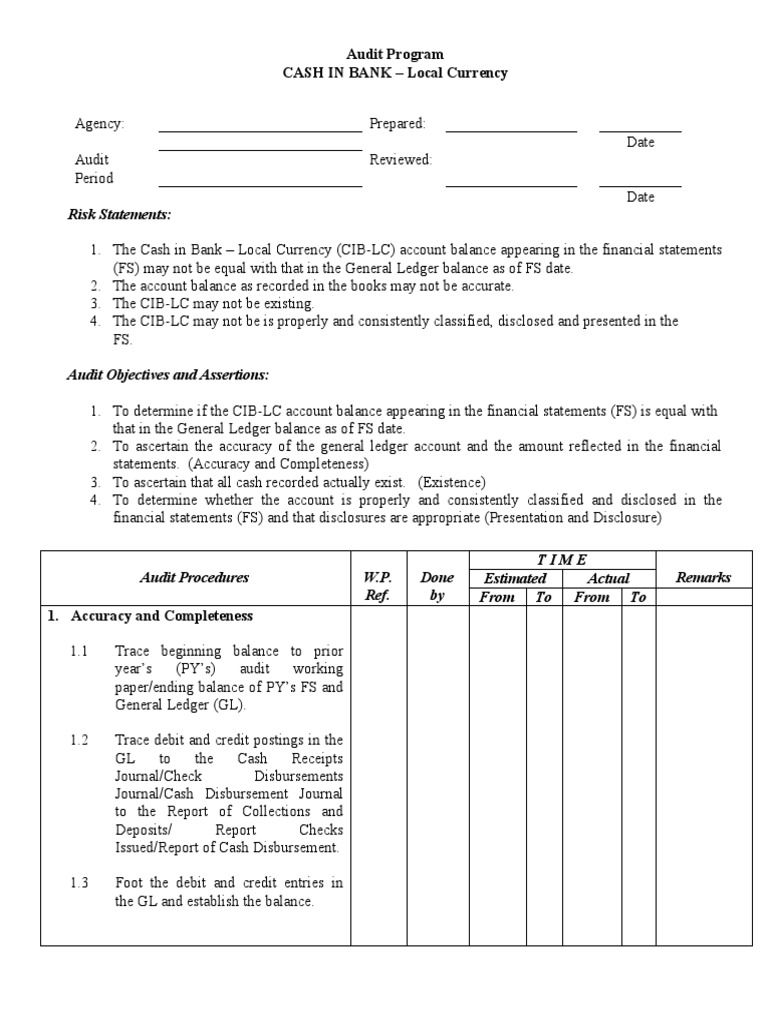 Risk Statements:: Audit Program CASH IN BANK - Local Currency | PDF ...