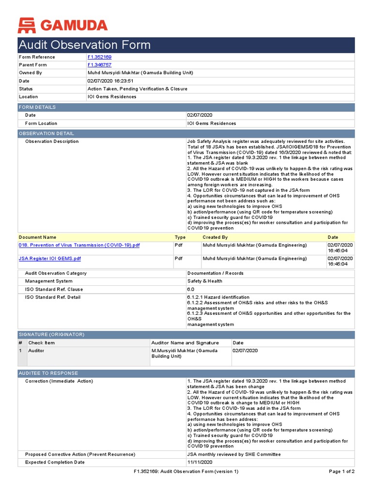 Audit Observation Form | PDF | Occupational Safety And Health | Audit