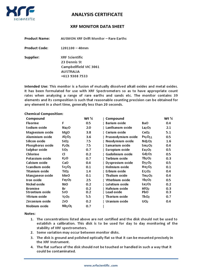 Analysis Certificate: XRF Monitor Data Sheet | Download Free PDF ...