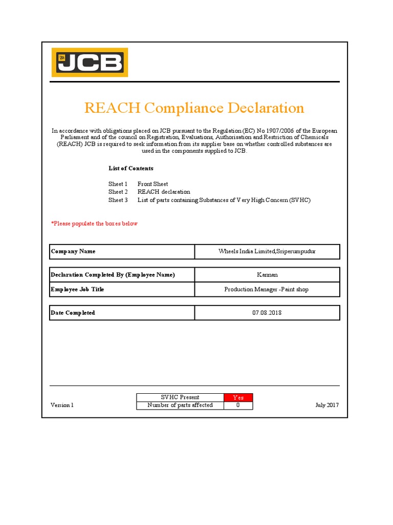 REACH Compliance Declaration Template | PDF | Occupational Safety And ...