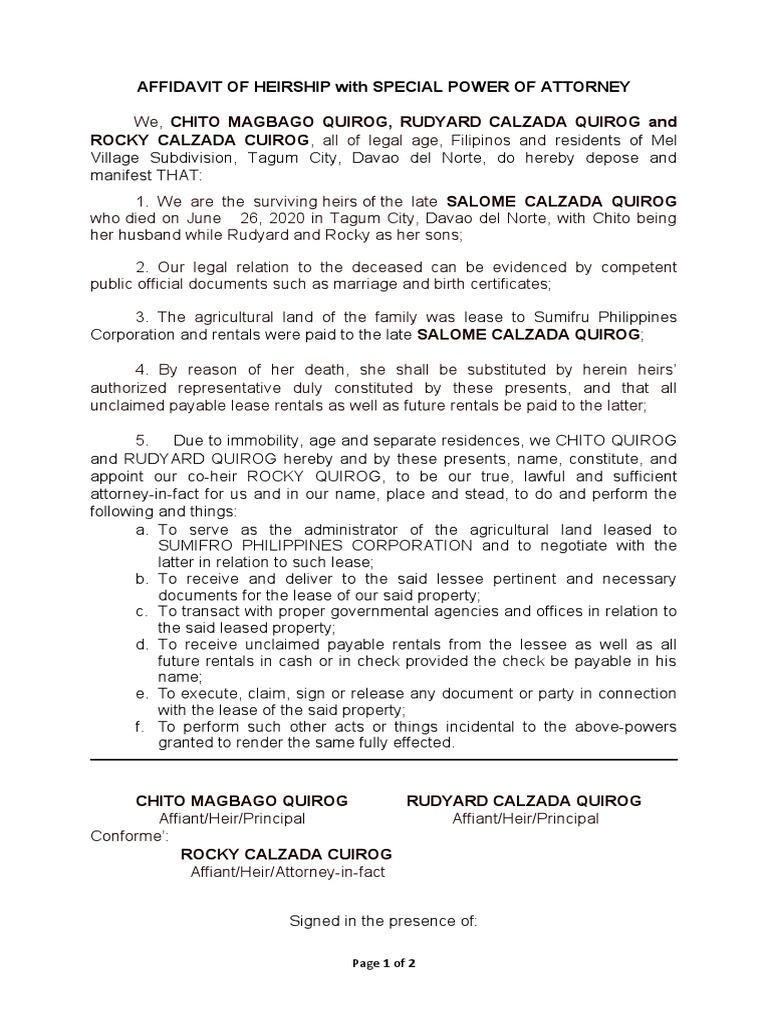 AFFIDAVIT OF HEIRSHIP With SPA | PDF | Power Of Attorney | Affidavit AFFIDAVIT OF HEIRSHIP With SPA | PDF | Power Of Attorney | Affidavit