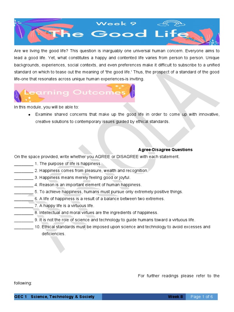 Week 9 - STS The Good Life | PDF | Happiness | Aristotle