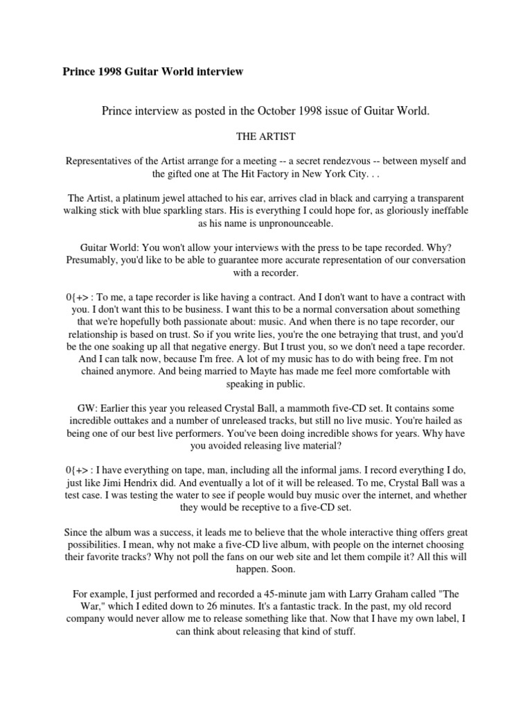 Prince 1998 Guitar World Interview | PDF | Entertainment (General)