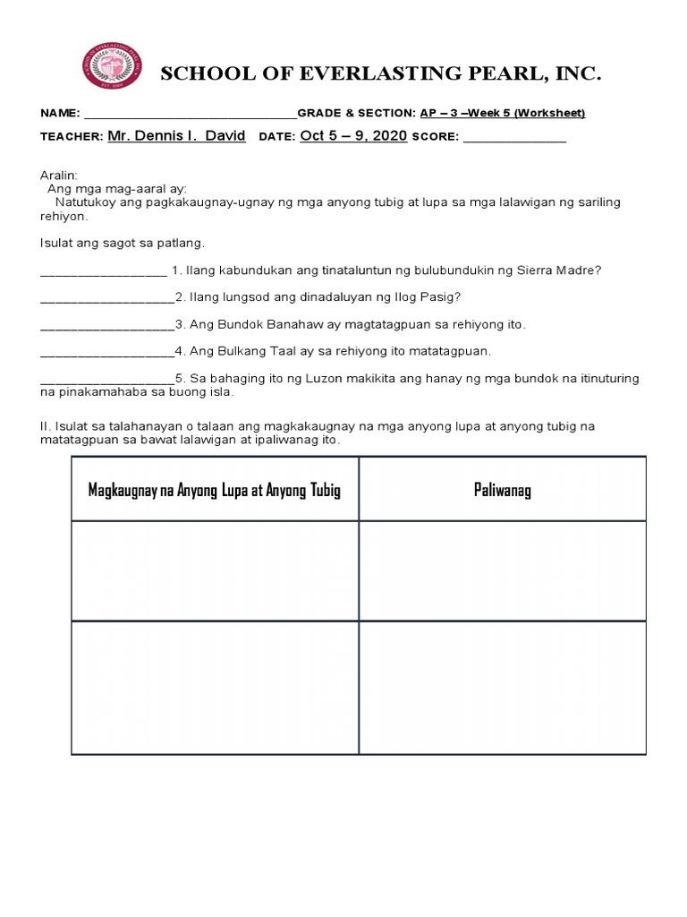 WORKSHEETS in AP 3 - WK5 | PDF