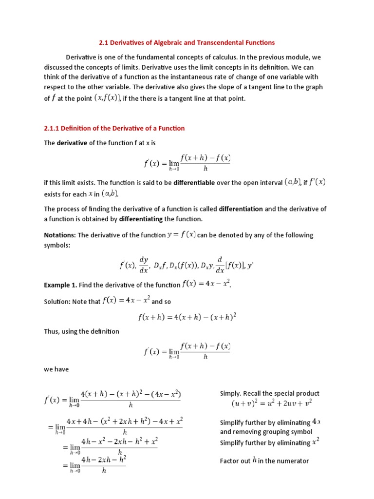 2 1 Derivatives Of Algebraic And Transcendental Functions Pdf Trigonometric Functions