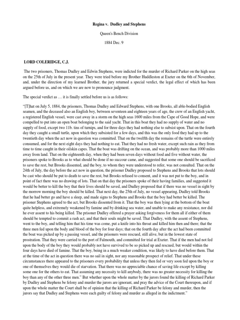 Dudley and Stephens Brief PDF | PDF | Criminal Law | Crime & Violence