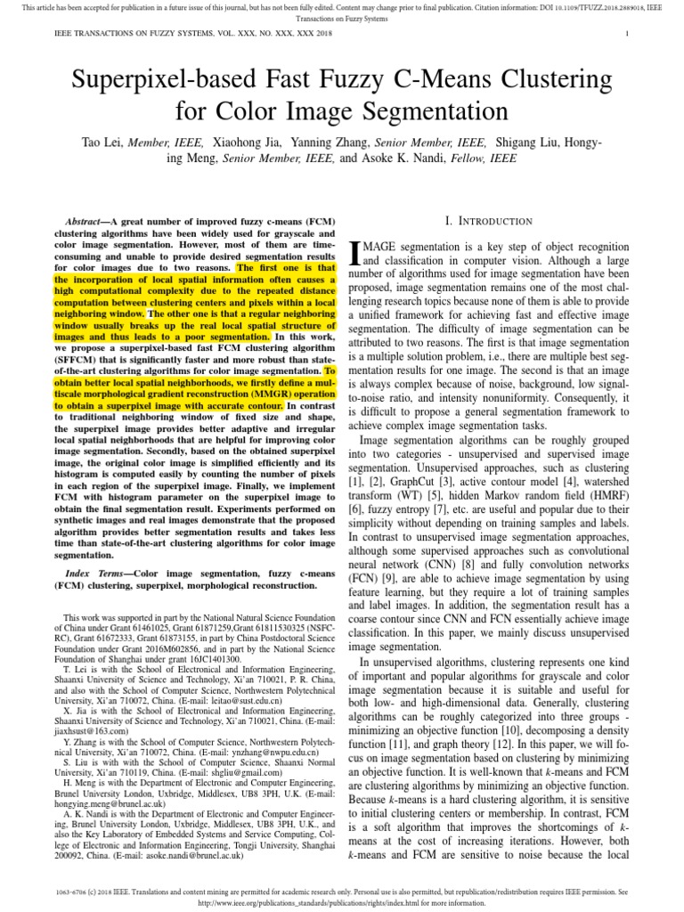 Superpixel-Based Fast Fuzzy C-Means Clustering For Color Image Segmentation | Download Free PDF ...