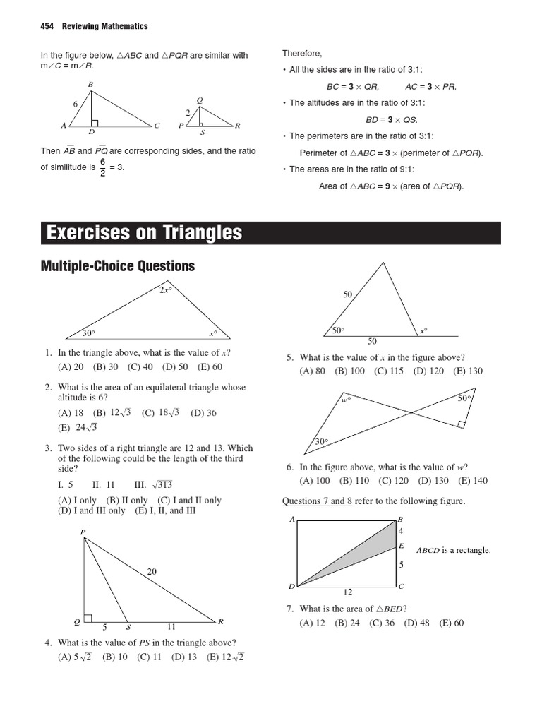 Exercises On Triangles: Multiple-Choice Questions | PDF | Area | Triangle