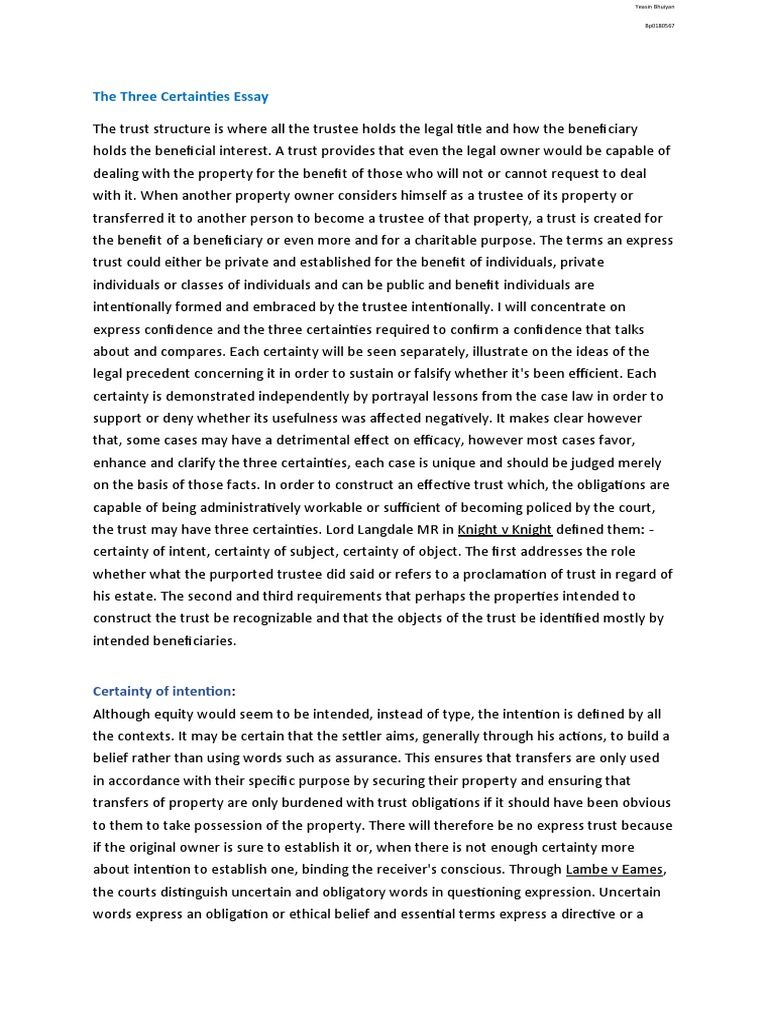 The Three Certainties Essay: Certainty of Intention | PDF | Trust Law ...