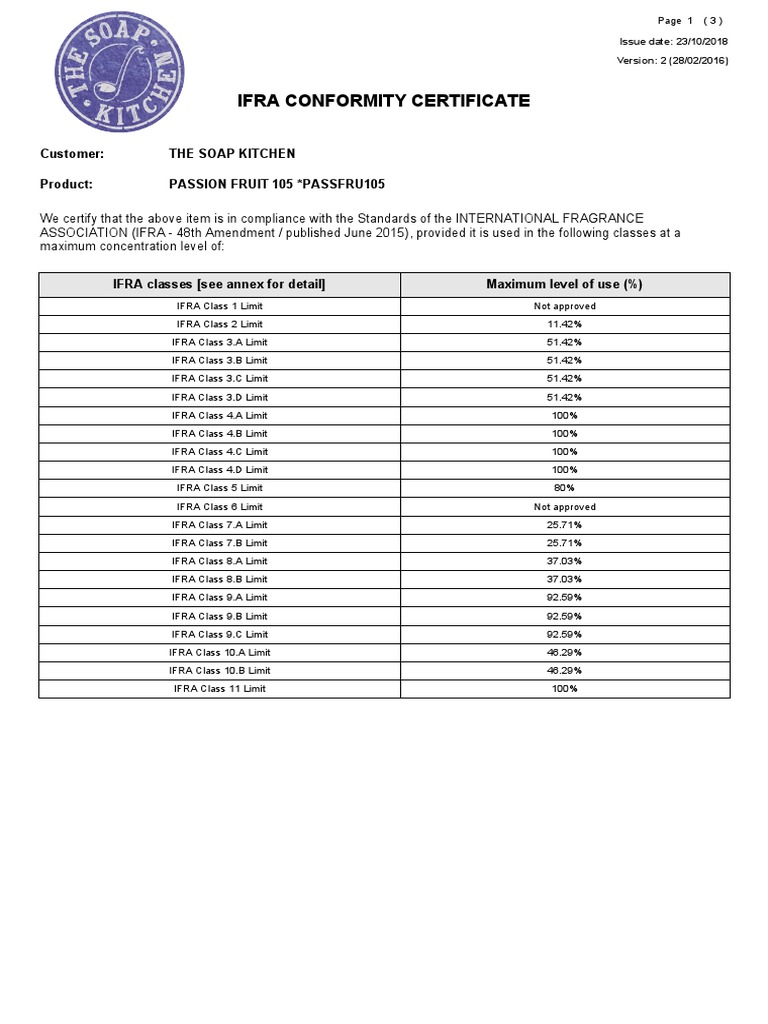 Ifra Conformity Certificate - Passion Fruit 105 | PDF | Perfume | Cosmetics