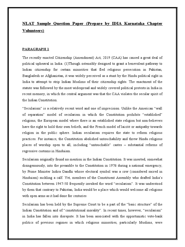 NLAT Sample Question Paper - Prepared by IDIAKtaka | PDF | Bharatiya Janata Party | Clothing