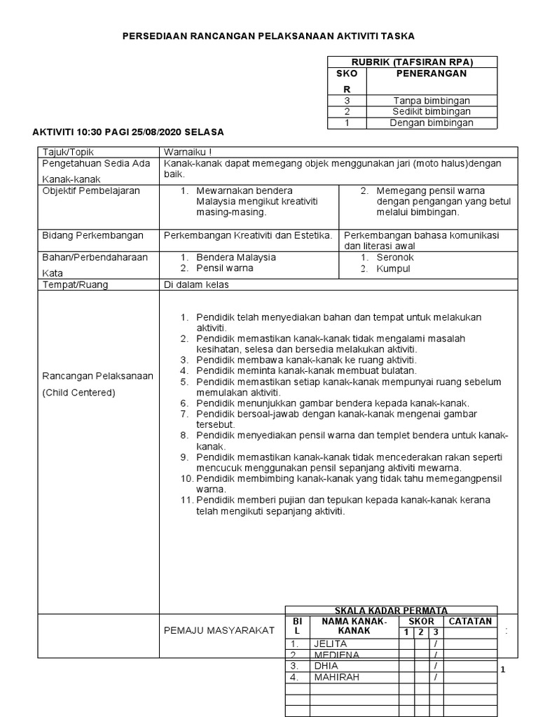 Persediaan Rancangan Pelaksanaan Aktiviti Taska | PDF