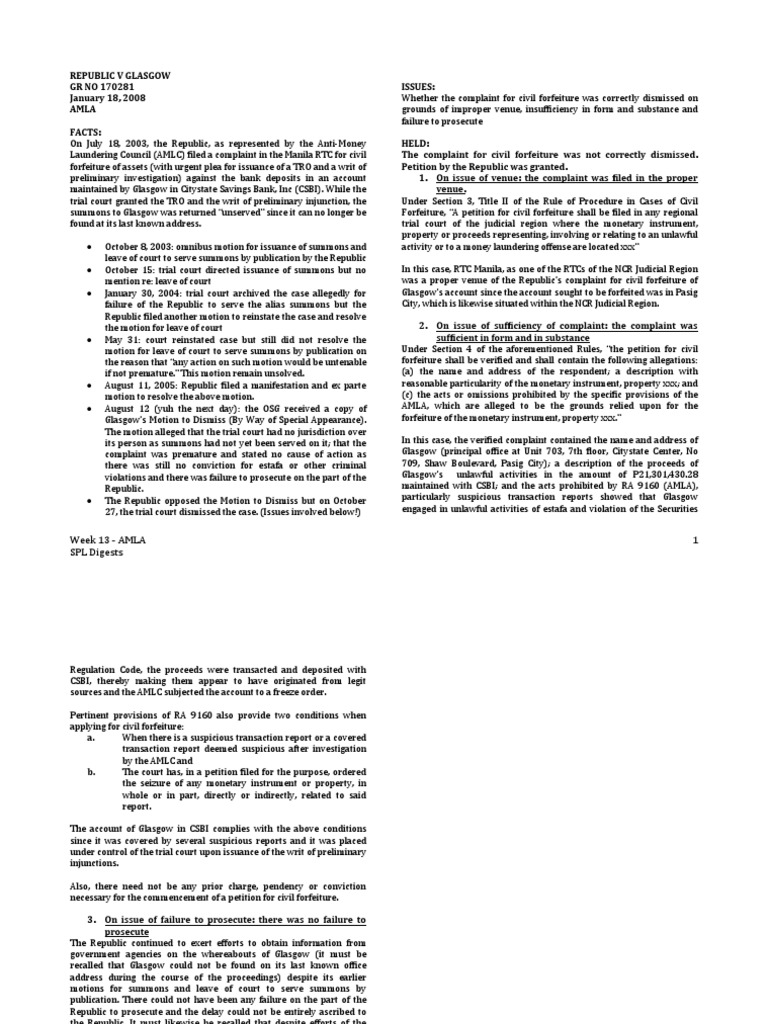 Week 13 - AMLA SPL Digests 1 | PDF | Asset Forfeiture | Summons