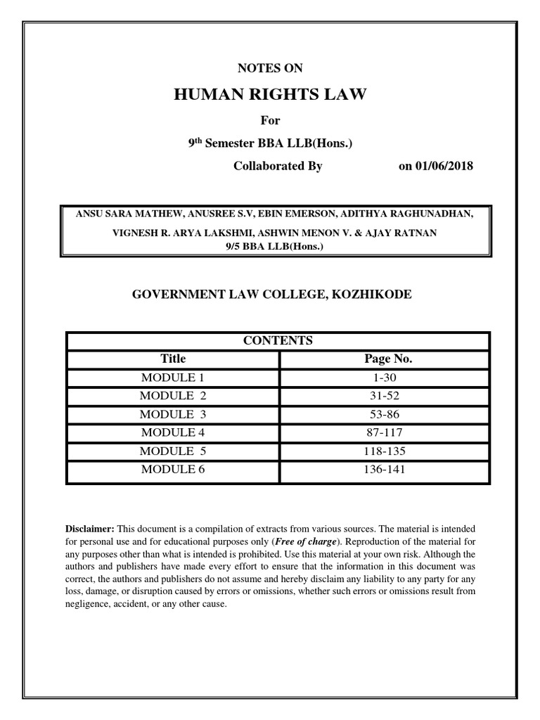 Notes On Human Rights Law | PDF | International Law | Human Rights