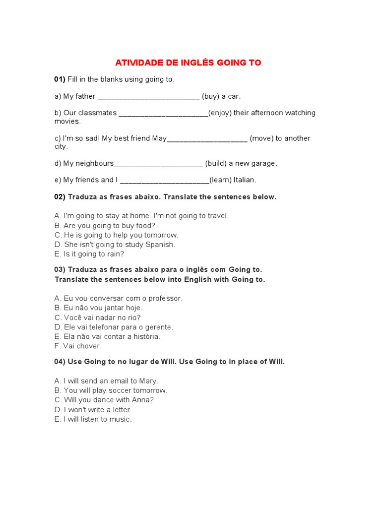 Atividade De Inglês Going To Pdf