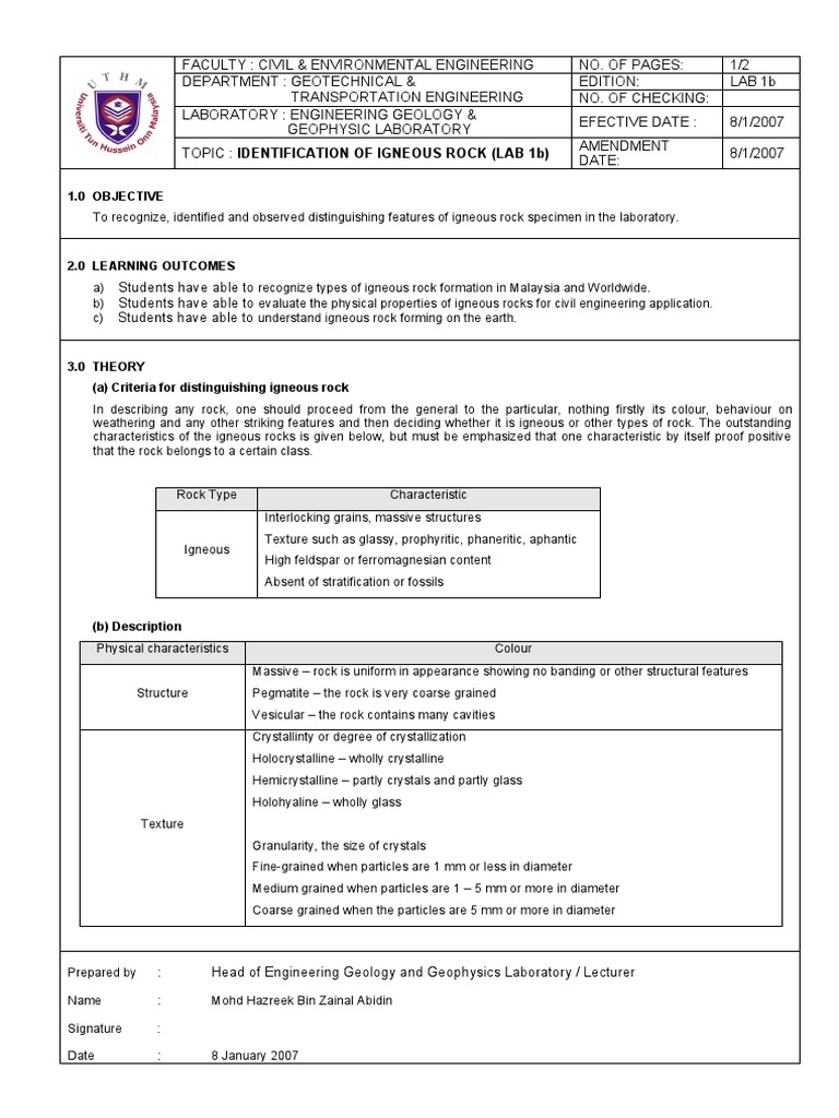 Igneous Rock Identification Lab Guide | PDF | Igneous Rock | Rock (Geology)