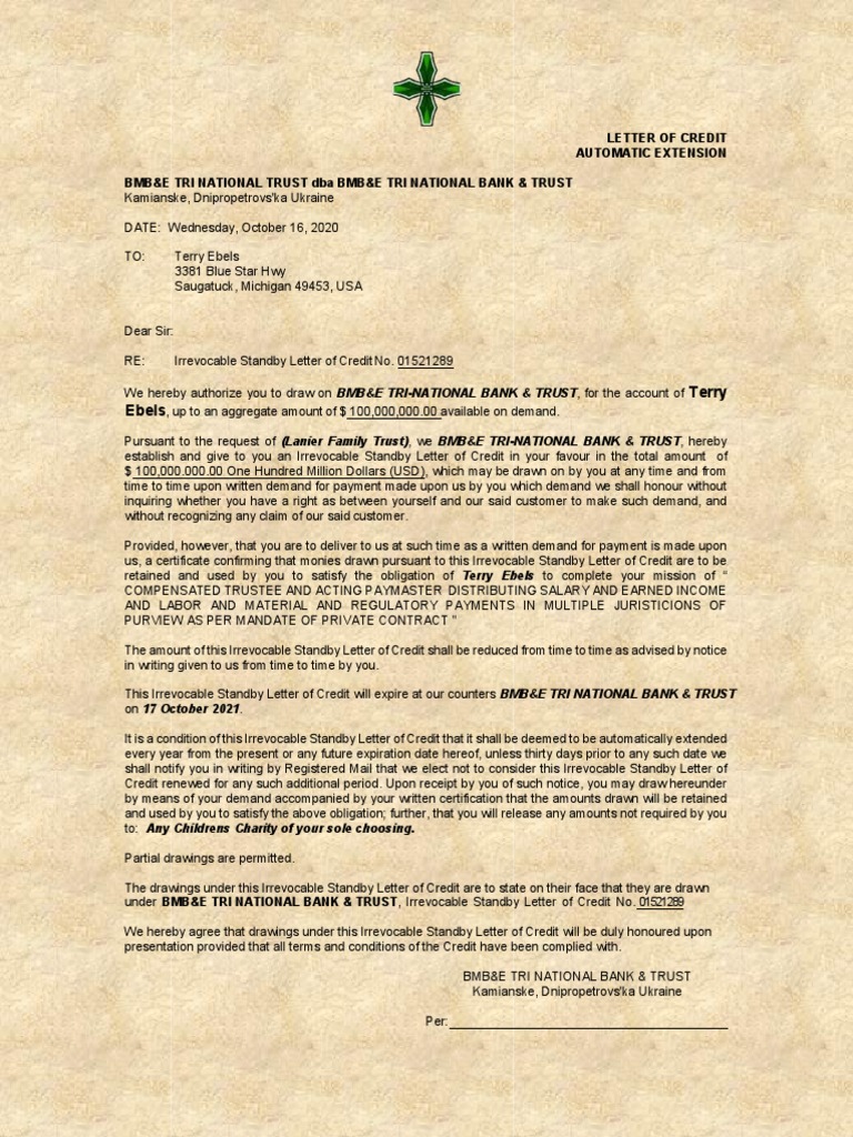 Terry Ebels: Letter of Credit Automatic Extension Bmb&E Tri National Trust Dba Bmb&E Tri ...