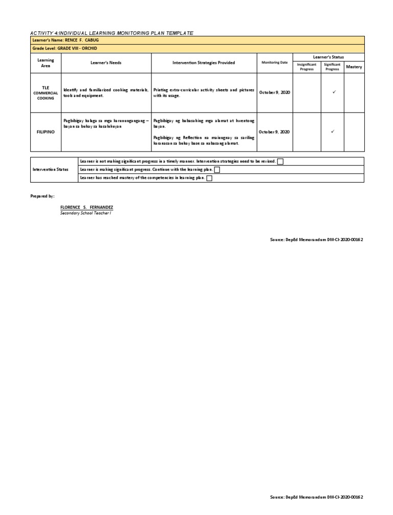 MODULE 3A LESSON 3 ACTIVITY 4 Individual Learning Monitoring Plan ...