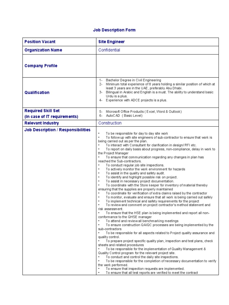 Job Description Form - Site Engineer | PDF | Quality Assurance | Business