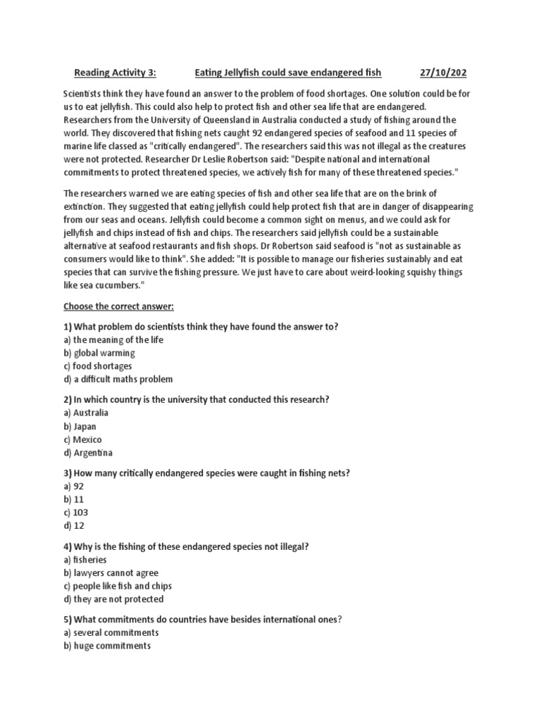 Reading Activity 3 | PDF | Seafood | Overfishing