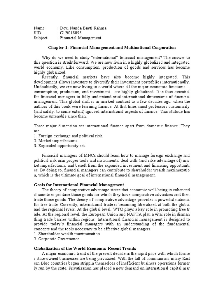 Summary Financial Management Chapter 1 | PDF | Multinational Corporation | Globalization