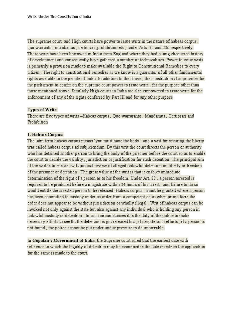 Types of Writs:: Writs Under The Constitution Ofindia | PDF | Writ ...