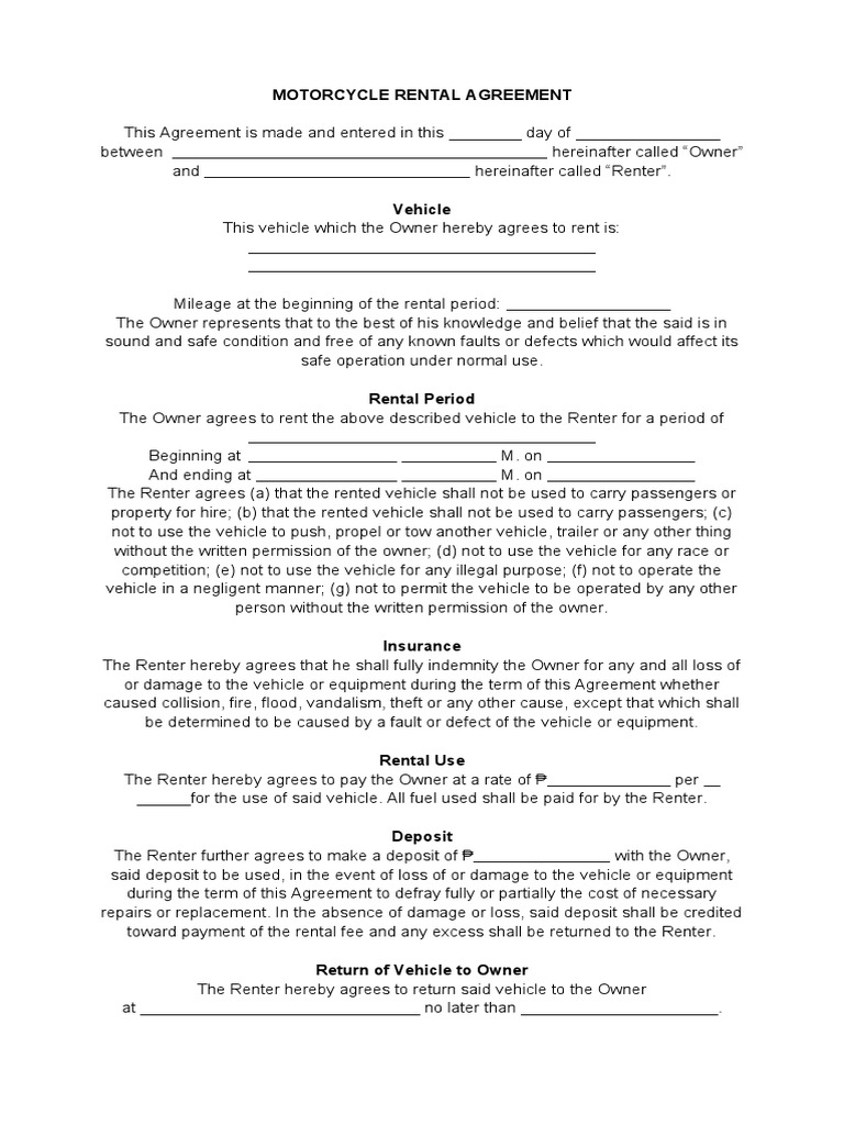 Motorcycle Rental Agreement | PDF | Renting | Vehicles