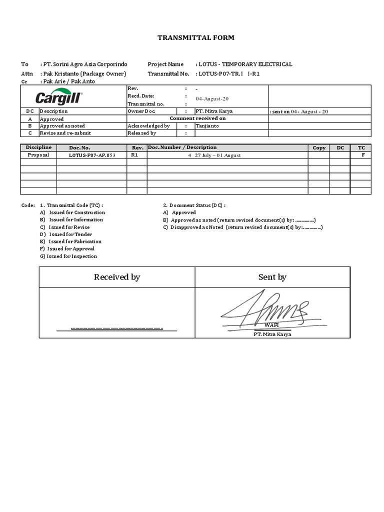Transmittal Form: Received by Sent by | PDF