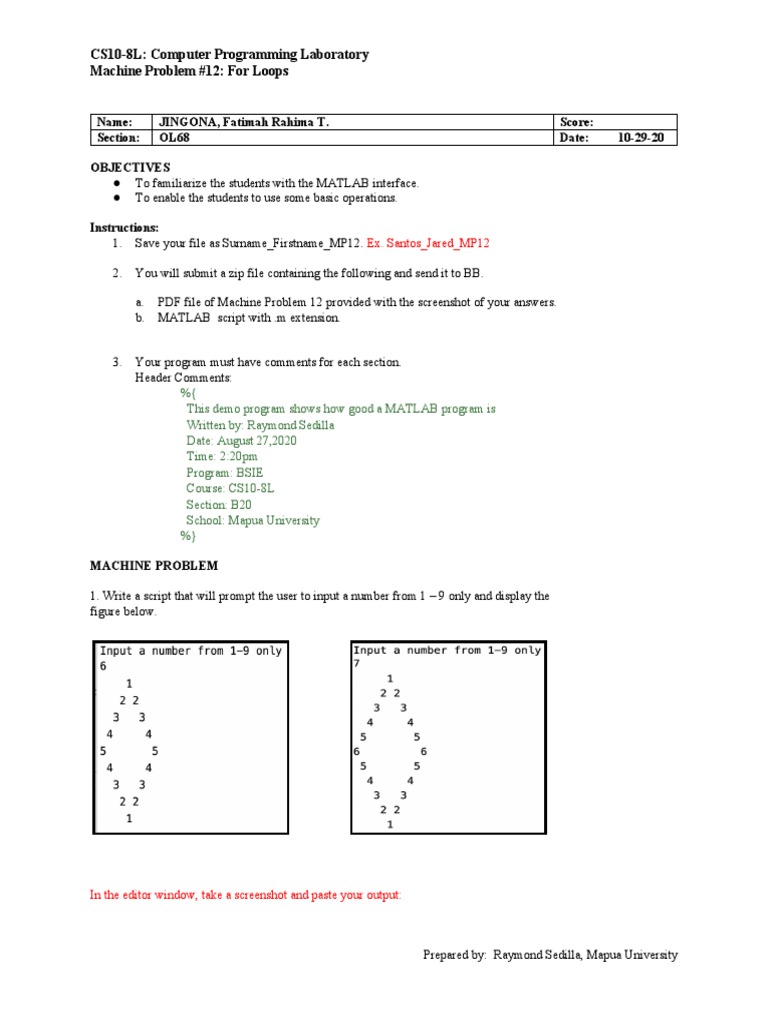 Cs10 8l Computer Programming Laboratory Machine Problem 12 For Loops Pdf 