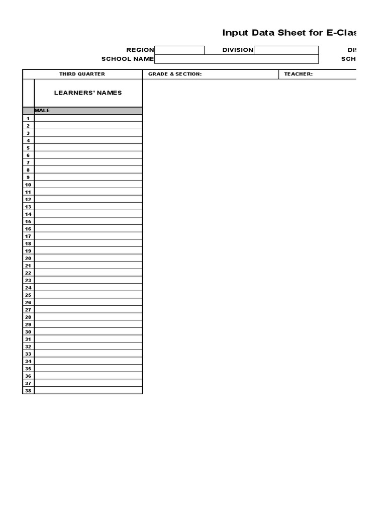 Input Data Sheet For E-Class Record: Region Division District School Name School Id | PDF ...