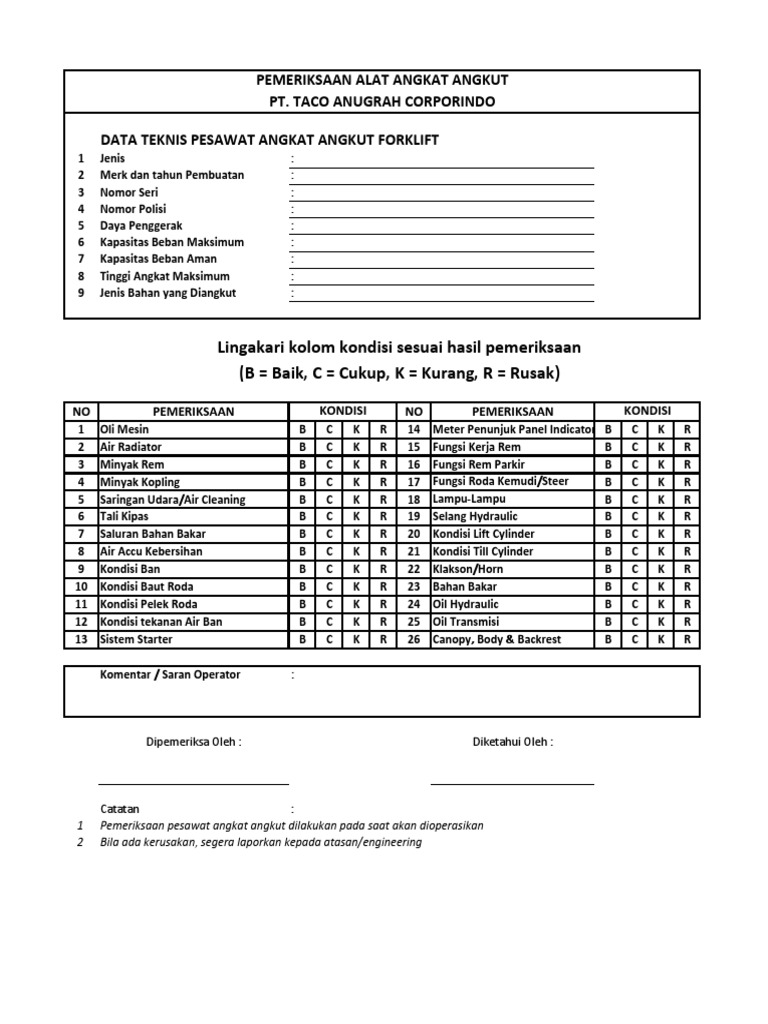 Checklist Forklift | PDF