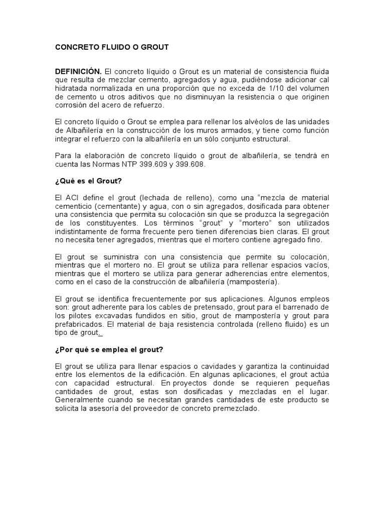 Concreto Fluido o Grout | PDF | Hormigón | Cemento